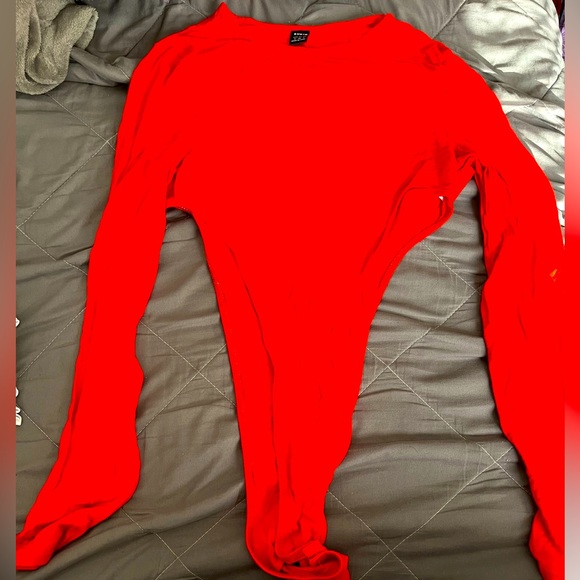 Tops | Neon Red High Cut Bodysuit | Poshmark